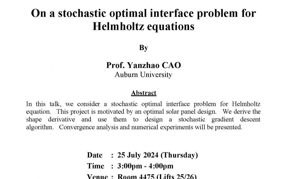 Department of Mathematics - Seminar on Applied Mathematics - On a stochastic optimal interface ...